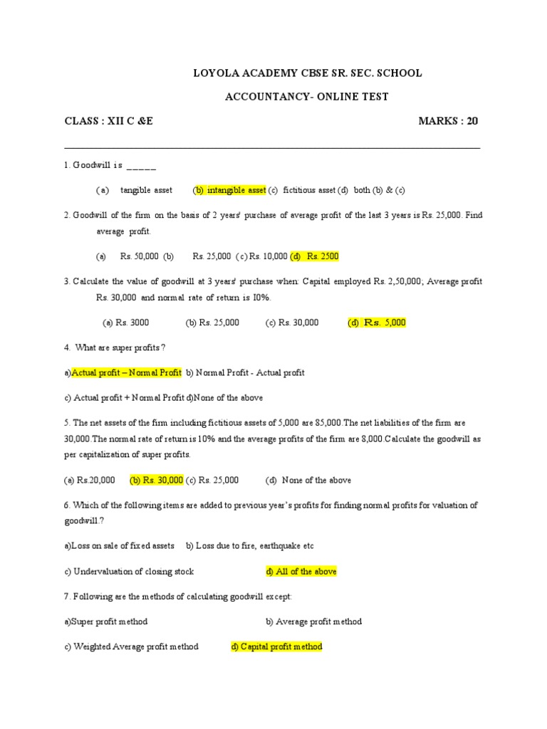 Goodwill Calculation Test Questions | PDF | Goodwill (Accounting ...