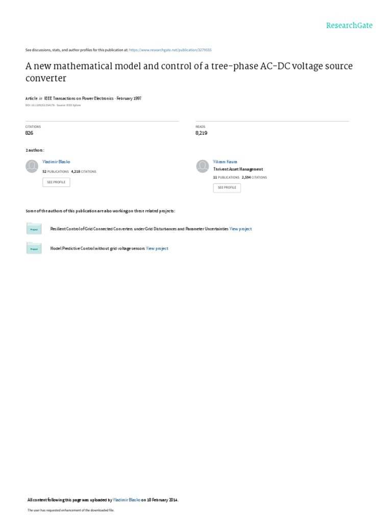 A New Mathematical Model and Control of A Three-Phase Ac-Dc Voltage Source Converter | PDF ...