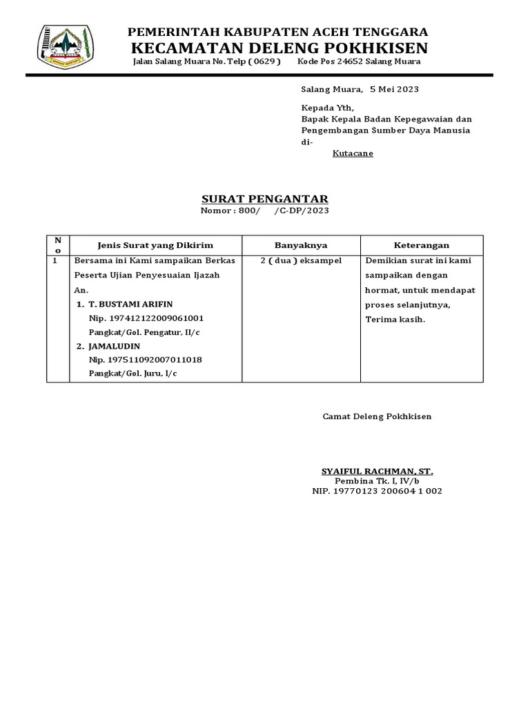 Surat Pengantar Ujian Dinas 2023 | PDF
