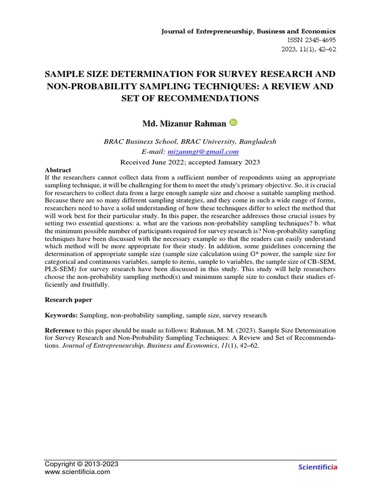 Sample Size Determination For Survey Research and Non-Probability Sampling Techniques: A Review ...