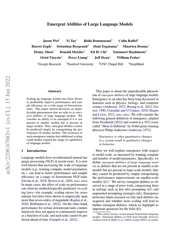 Wei, J., Et Al. (2022) - Emergent Abilities of Large Language Models. Arxiv | PDF | Emergence ...