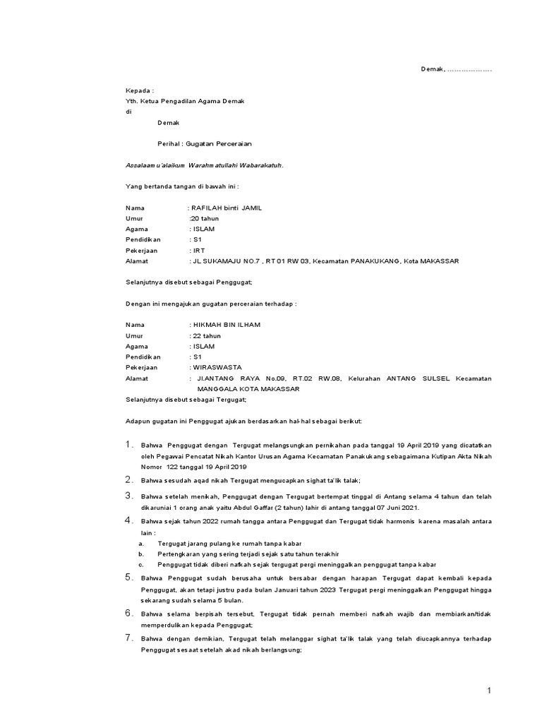 Contoh Gugatan Cerai Gugat Taklik Talak | PDF