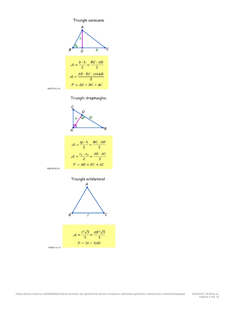 Formule de Geometrie Pentru Evaluare Nationala Matera | PDF