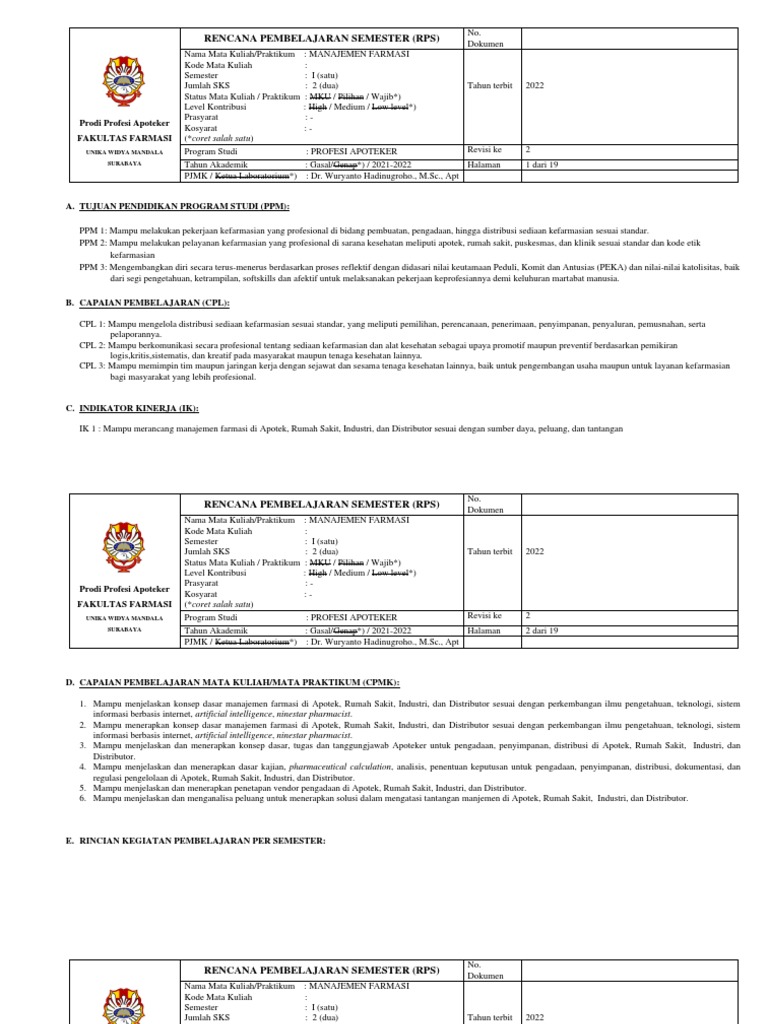 RPS MANAJEMEN FARMASI GENAP 2021-2022 | PDF