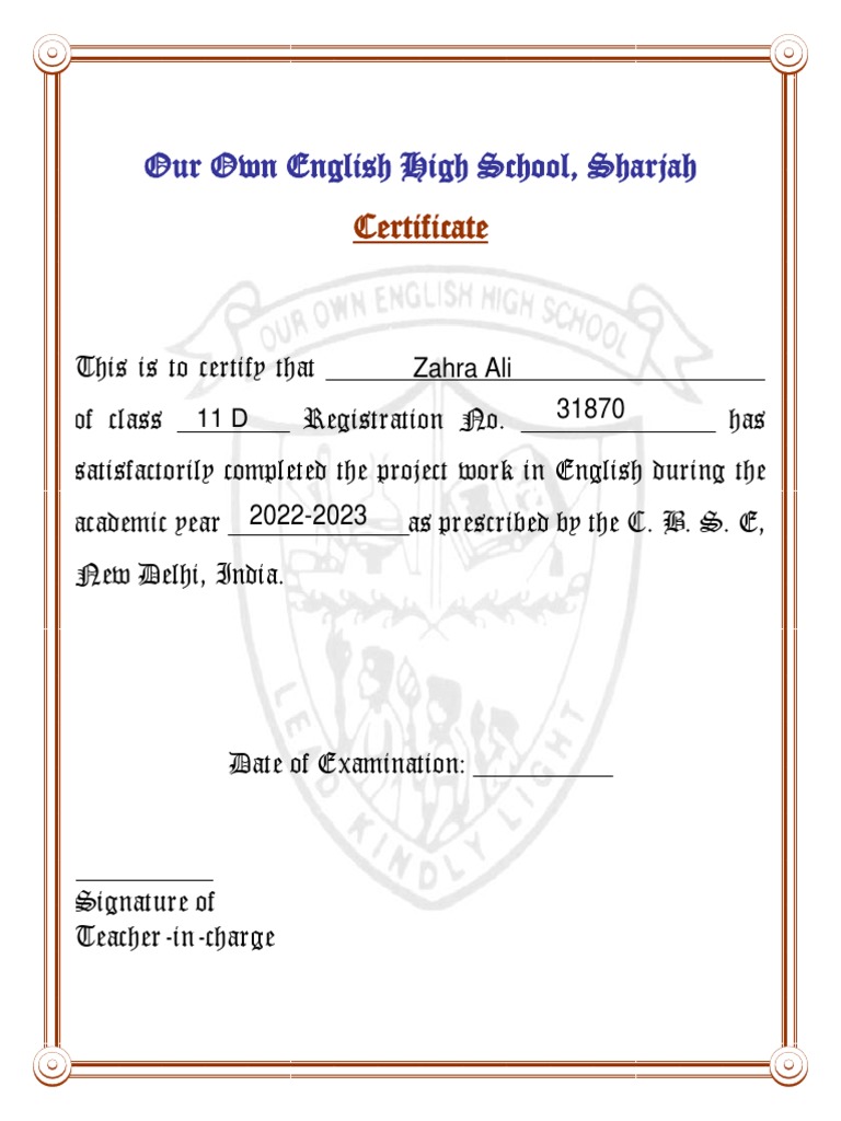 Certificate - Project - English XI | PDF | Career & Growth