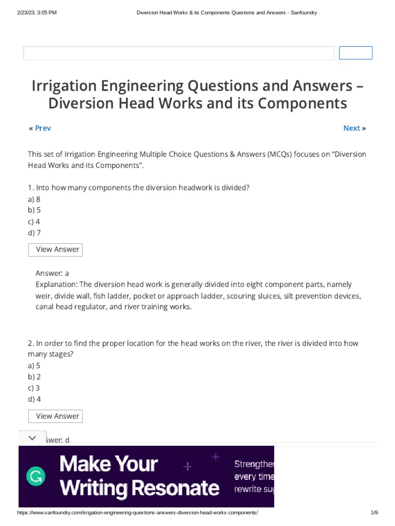 Diversion Head Works & Its Components Questions and Answers | PDF ...