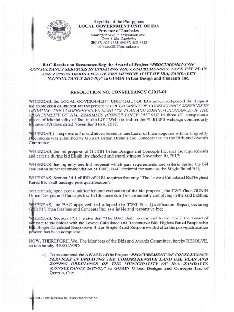 BAC Resolution Recommending The Award of Project (Procurement of ...