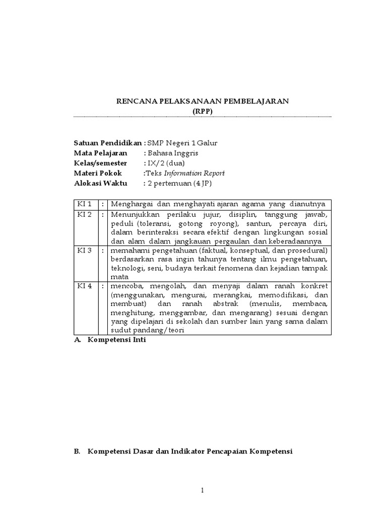 RPP Bahasa Inggris Kelas IX: Teks Information Report | PDF