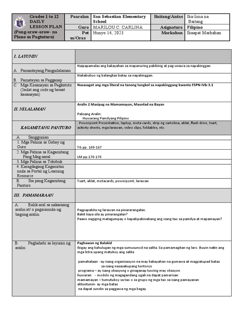 DLP Filipino 5 Q4 Week 2 COT 4 | PDF DLP Filipino 5 Q4 Week 2 COT 4 | PDF