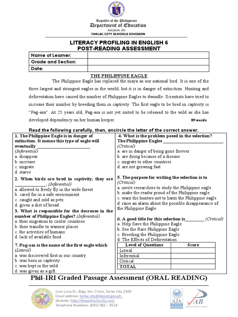 Grade 6 POST Literacy Profiling Pretest | PDF | Hunting | Reading ...