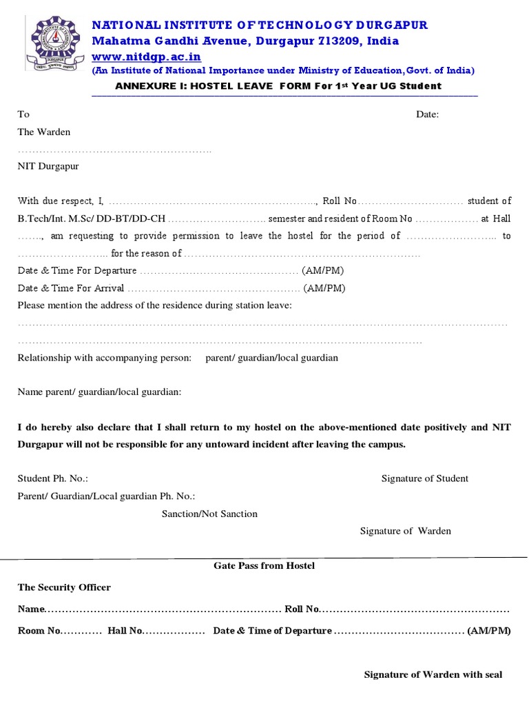 Hostel Leave form for st year (1) | PDF