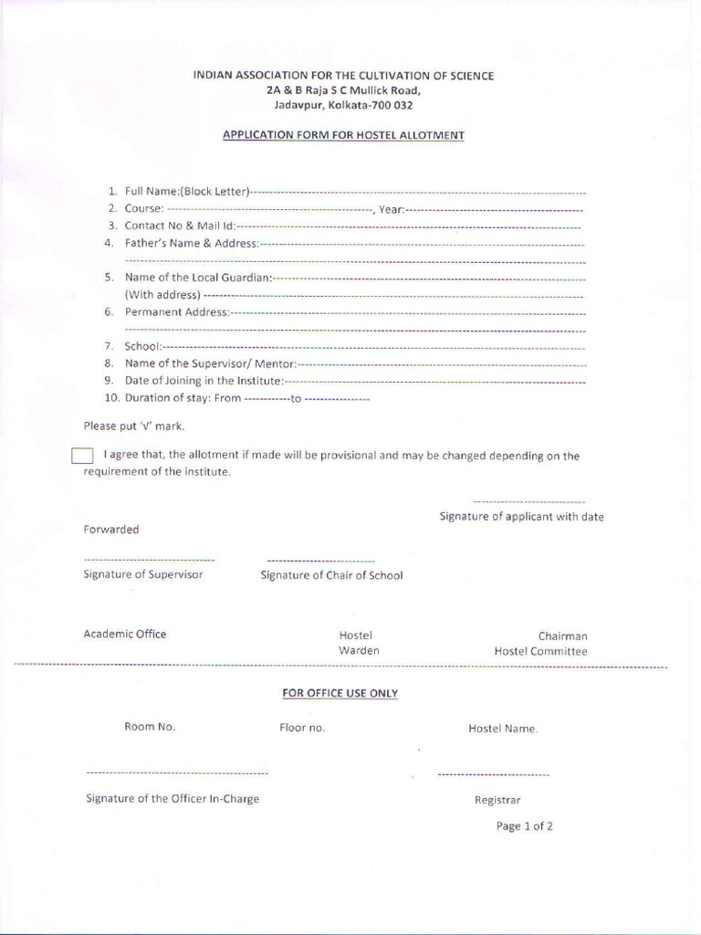 Hostel Application Form | PDF