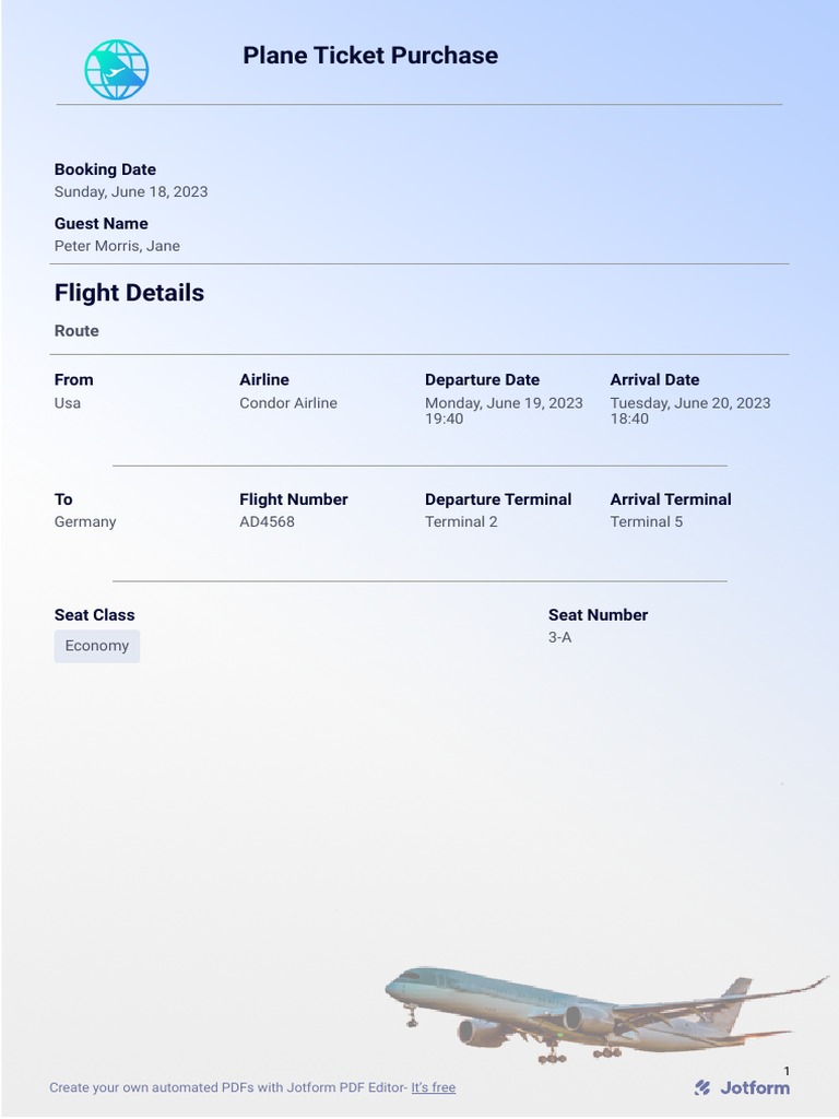 Plane Ticket Template - Jotform PDF Editor | PDF