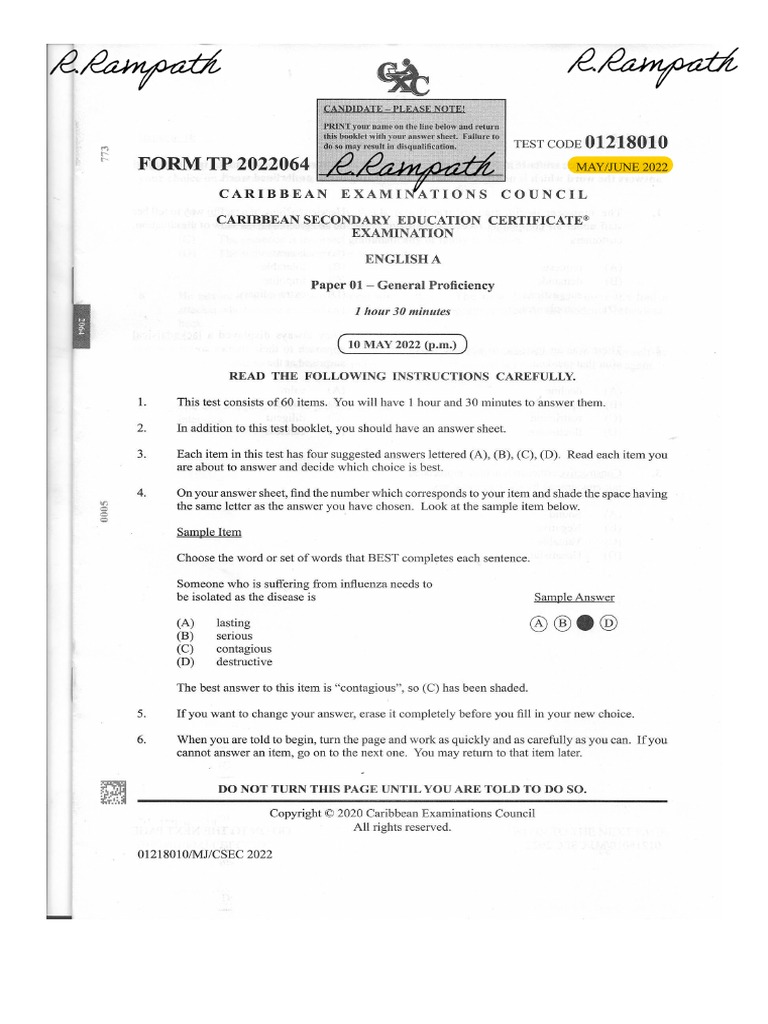 CSEC English A June 2022 P1 Solutions | PDF