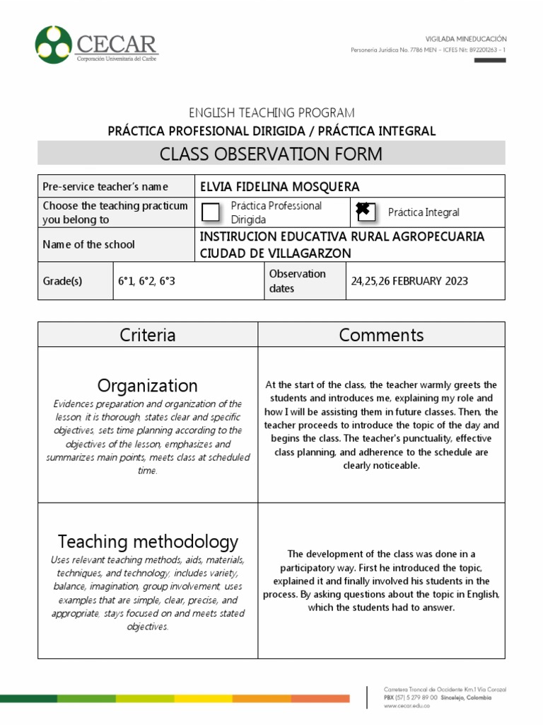 Class Observation Report for English Teaching | PDF | Classroom ...