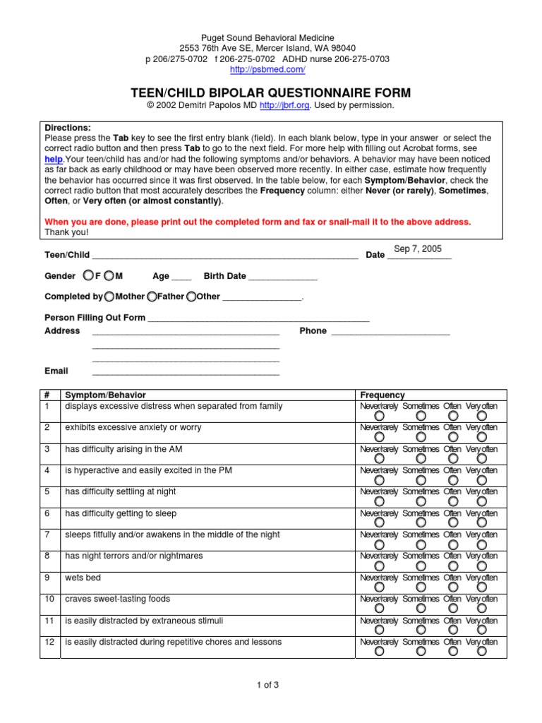 Teen Child Bipolar Questionnaire Form | PDF | Attention Deficit ...
