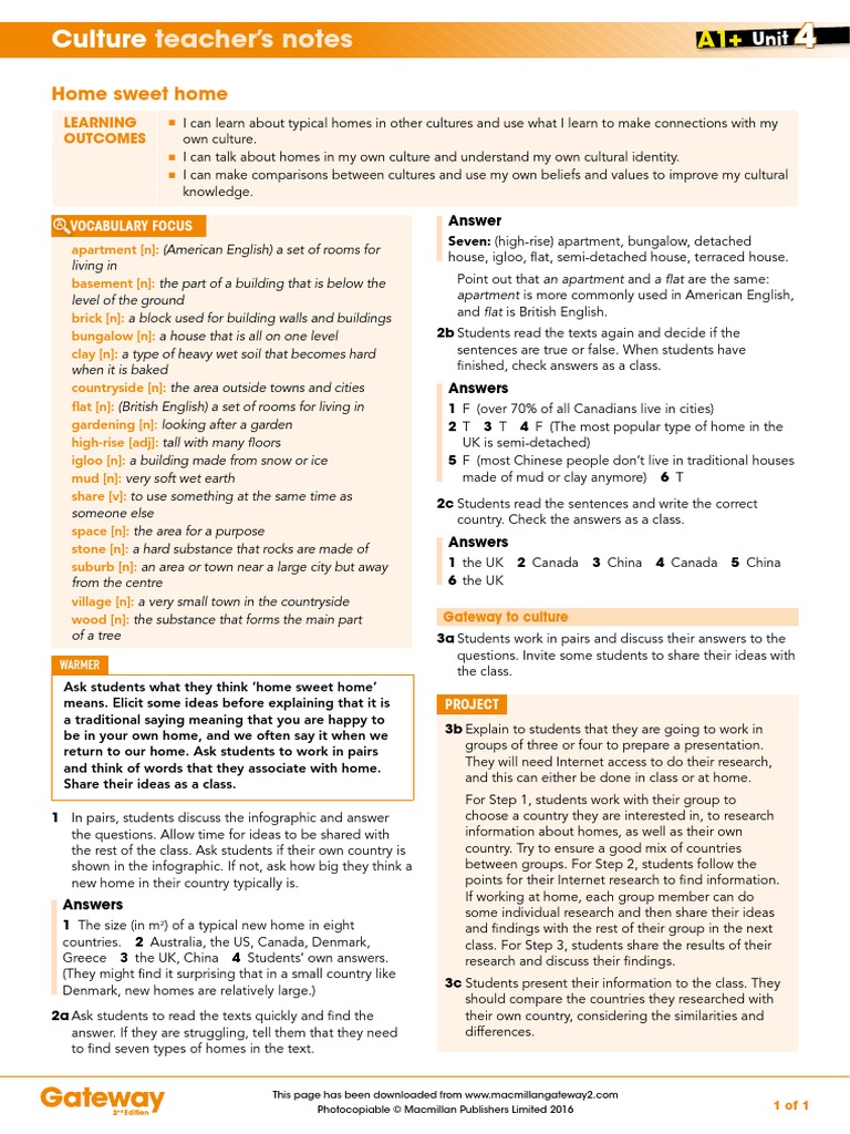 A1+ UNIT 4 Culture Teacher's Notes | PDF | Apartment | Cognition