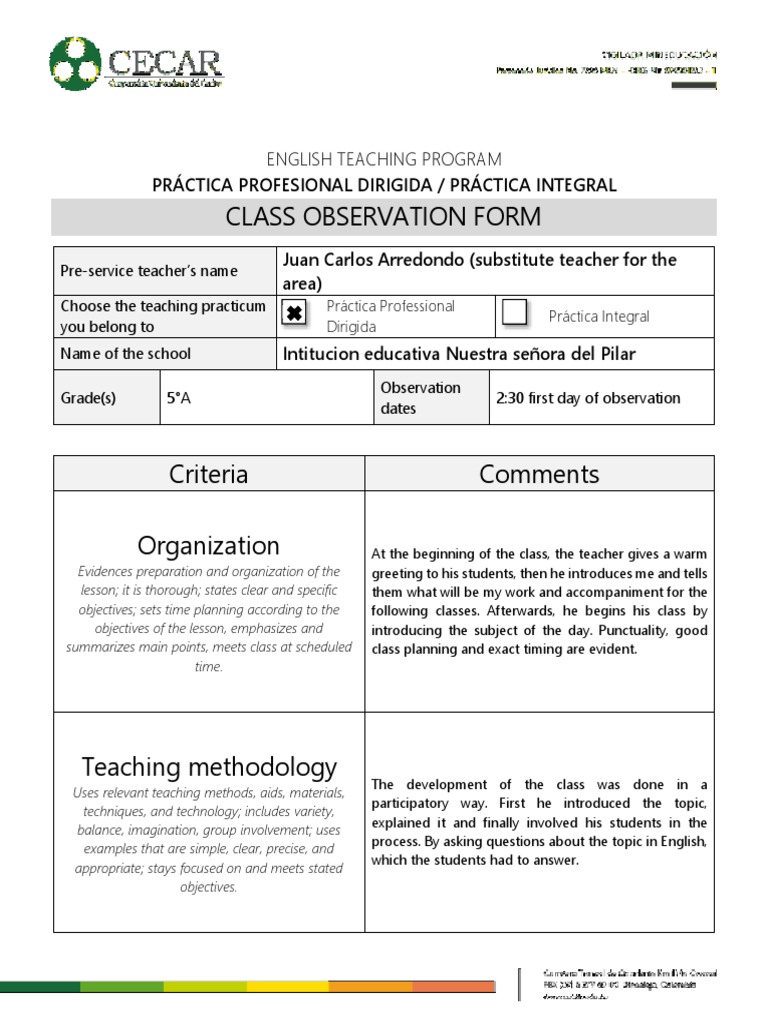 Class Observation Report for English Teaching | PDF | Teachers | Classroom Management