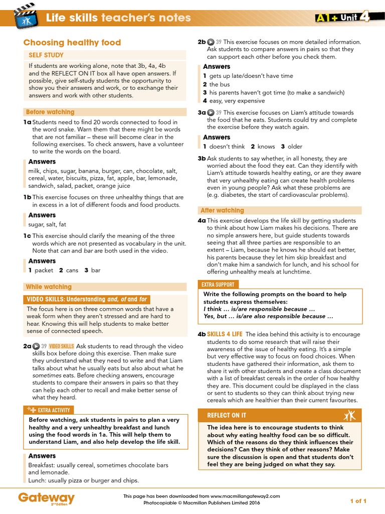 A1+ UNIT 4 Life Skills Video Teacher's Notes | PDF | Lunch | Cognition