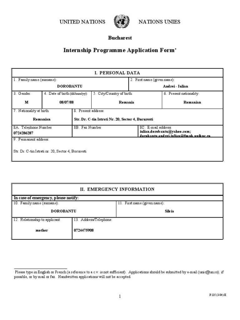 UN Internship Form | PDF | Internship | Job Hunting