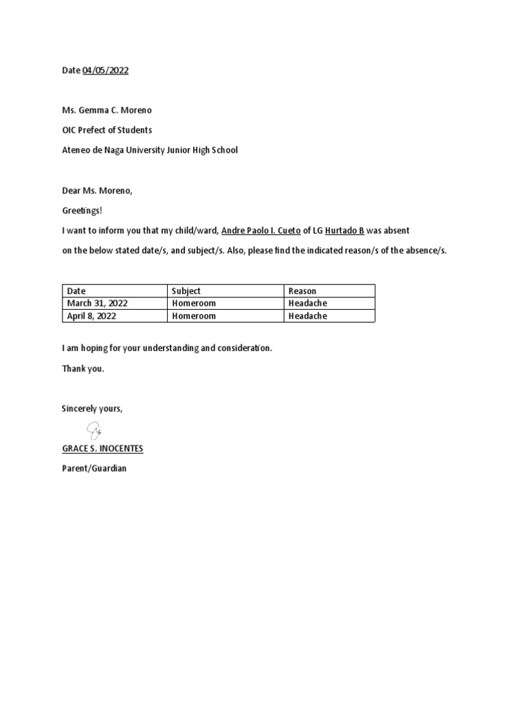 Student Absence Excuse Letter | PDF