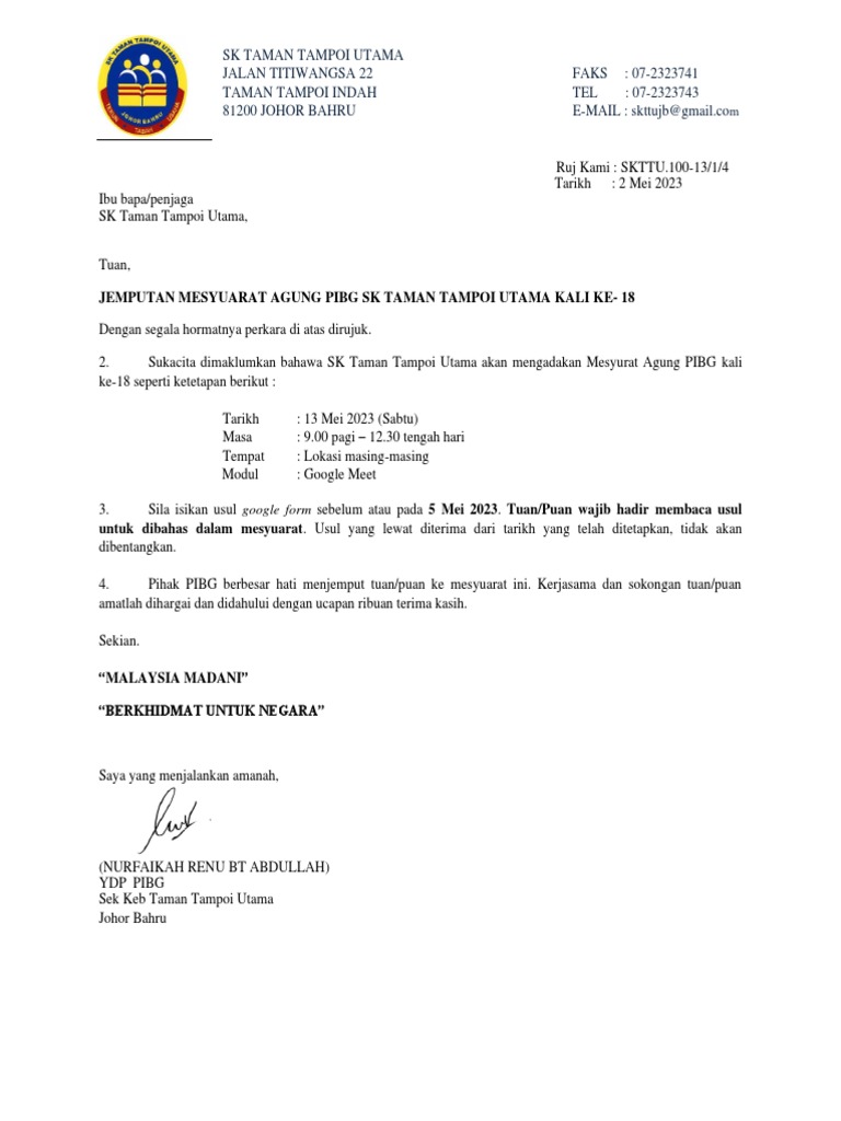 Surat Panggilan Agm Pibg Sesi 2023 | PDF