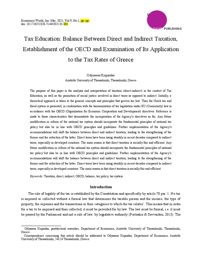 Tax Education Balance Between Direct and Indirect Taxation. Establishment of the OECD and ...