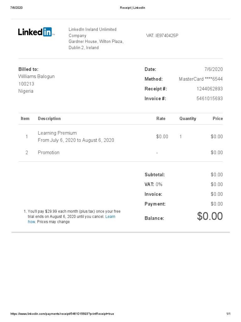 Receipt - LinkedIn | PDF