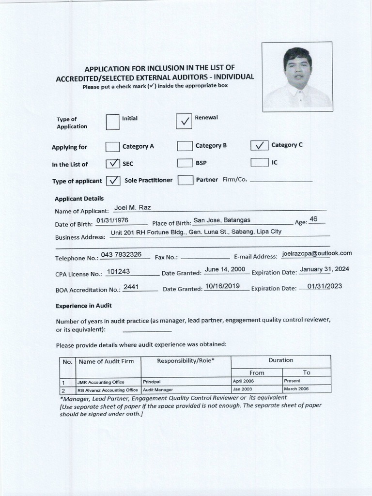 APPLICATION For Inclusion in The List of Accredited Auditors - Individuals | PDF