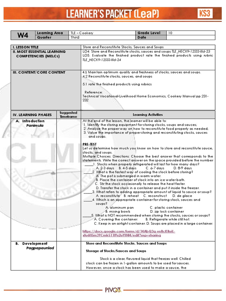Tle Cookery10 Week4 Pdf Refrigerator Soup