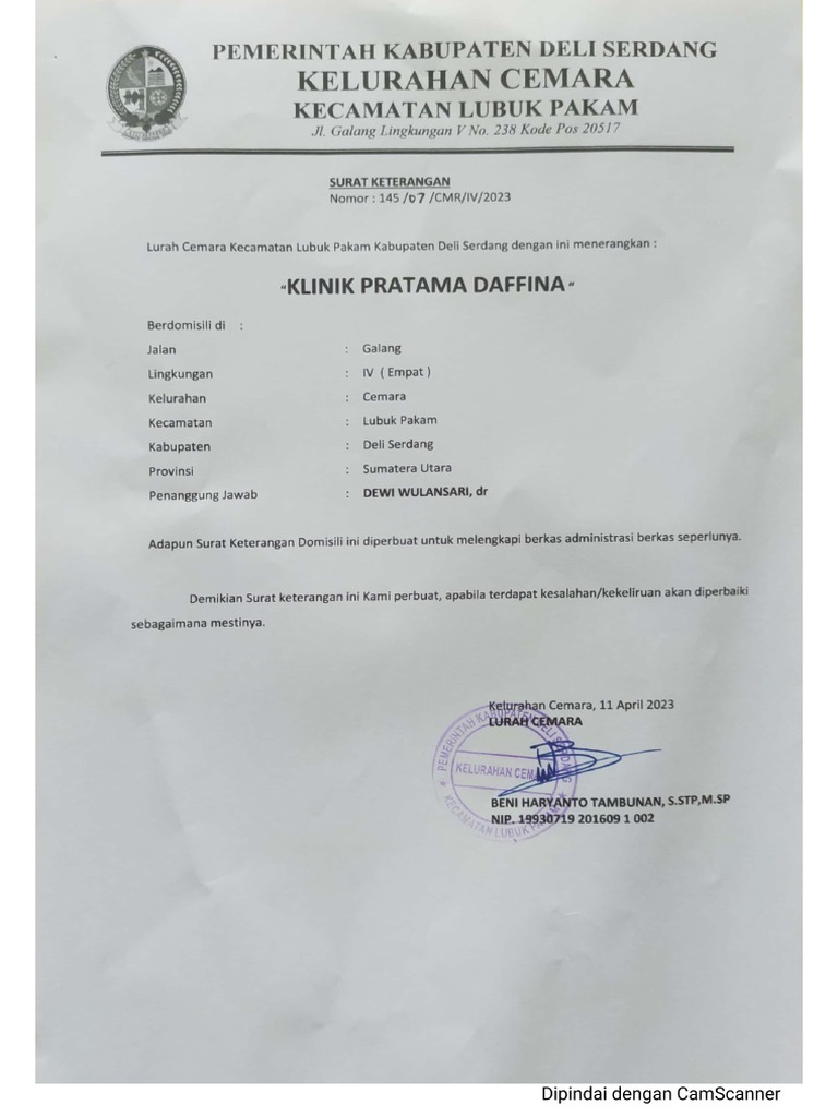 Surat Keterangan Domisili Klinik | PDF