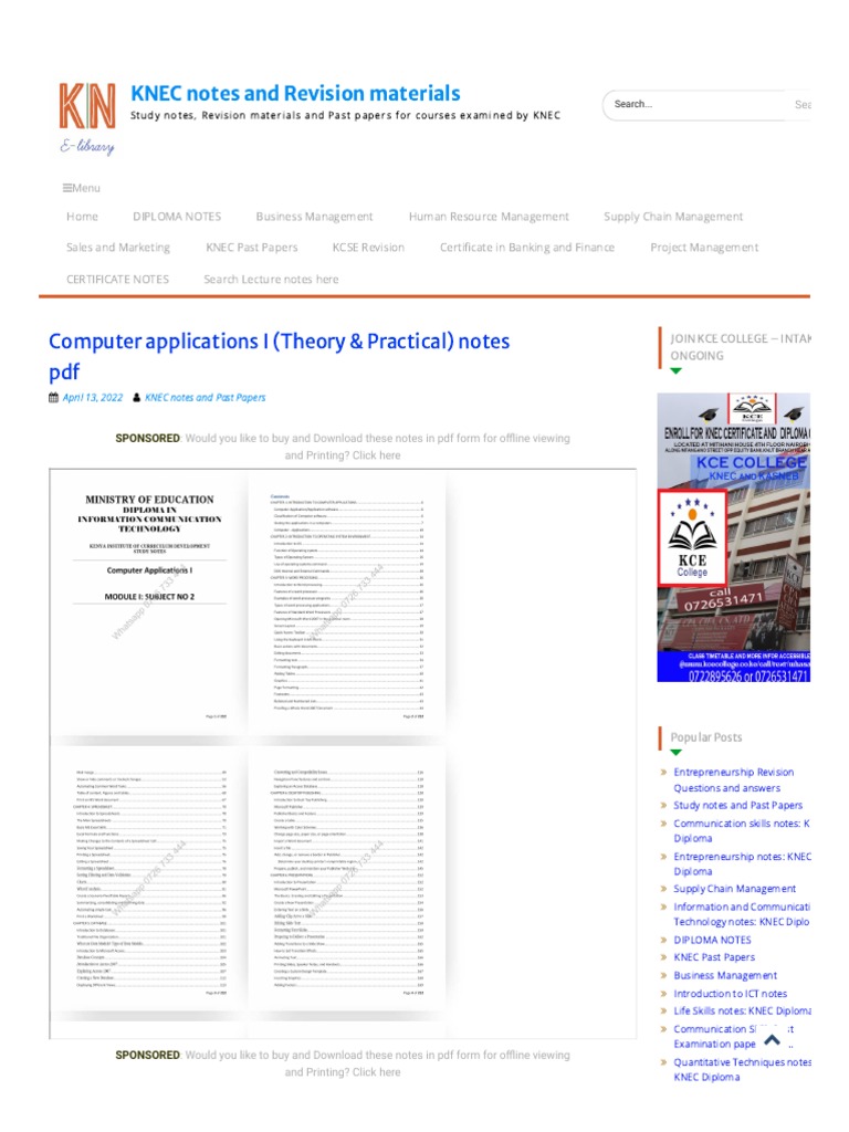 Computer Applications I (Theory & Practical) Notes PDF - KNEC No | PDF ...