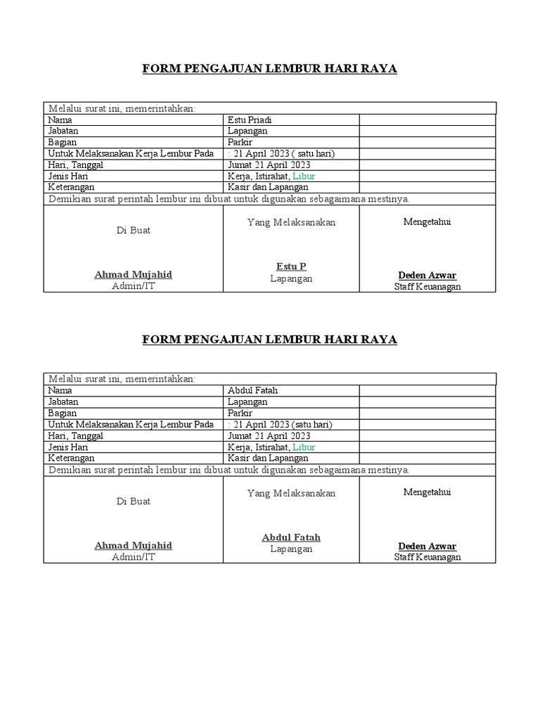 Form Pengajuan Lembur Karyawan | PDF