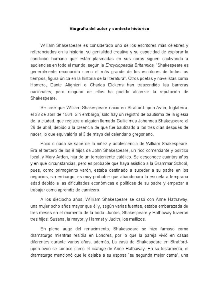 Biografía Del Autor y Contexto Histórico | PDF | OTELO | William ...