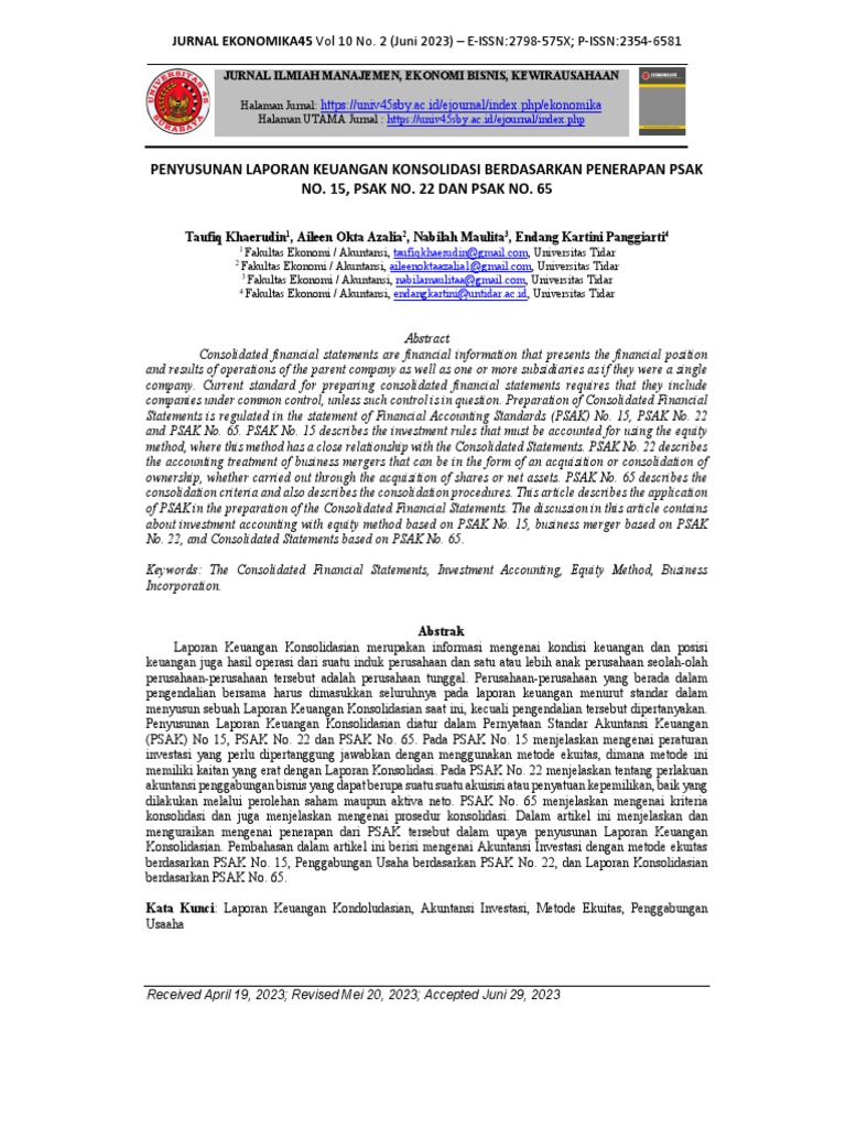Ekonomika Vol 10 No 2 Juni 2023 Hal 308-315 | PDF | Consolidation (Business) | Financial Statement