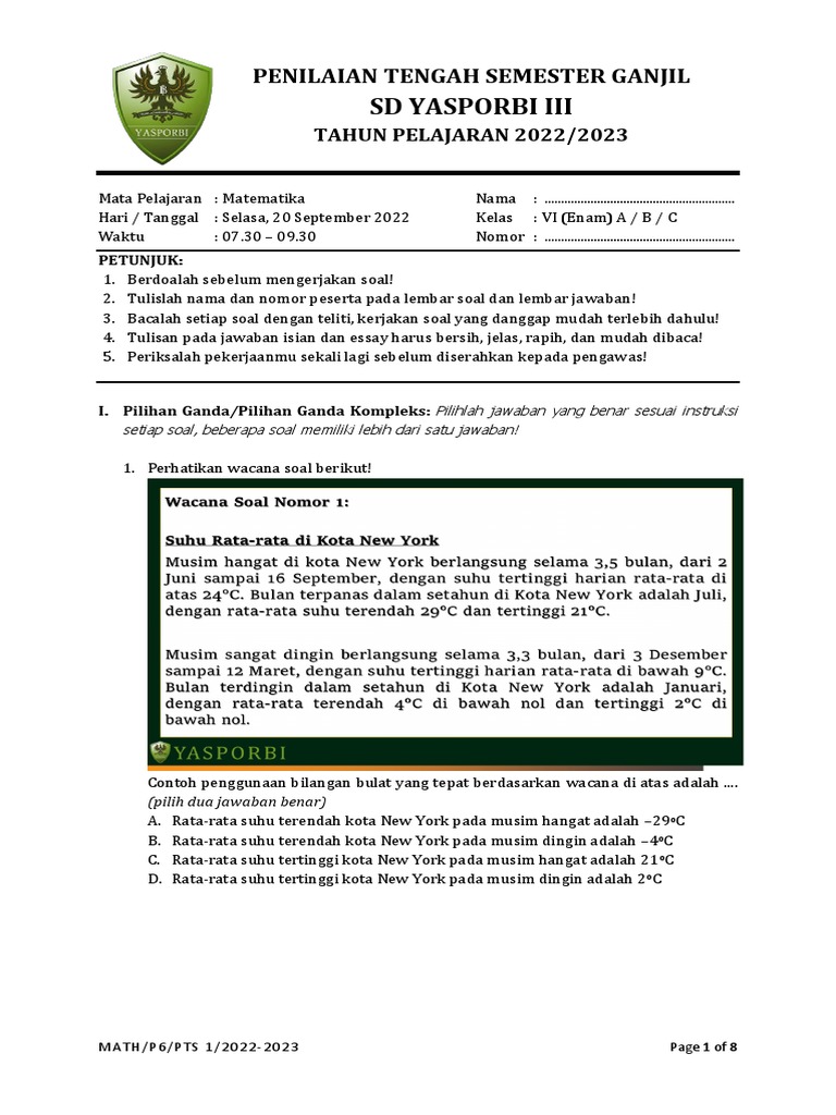 Soal PTS 1 MTK Kelas 6 | PDF