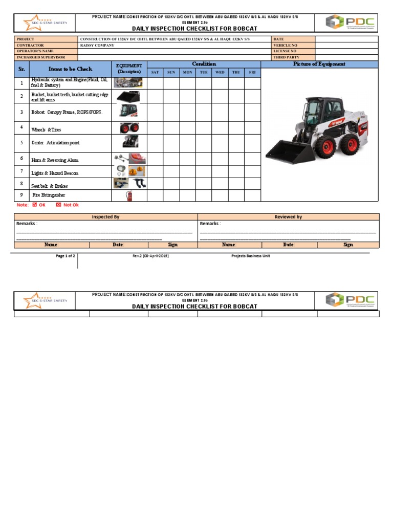 Daily Bobcat Inspection Checklist | PDF | Automotive Technologies ...
