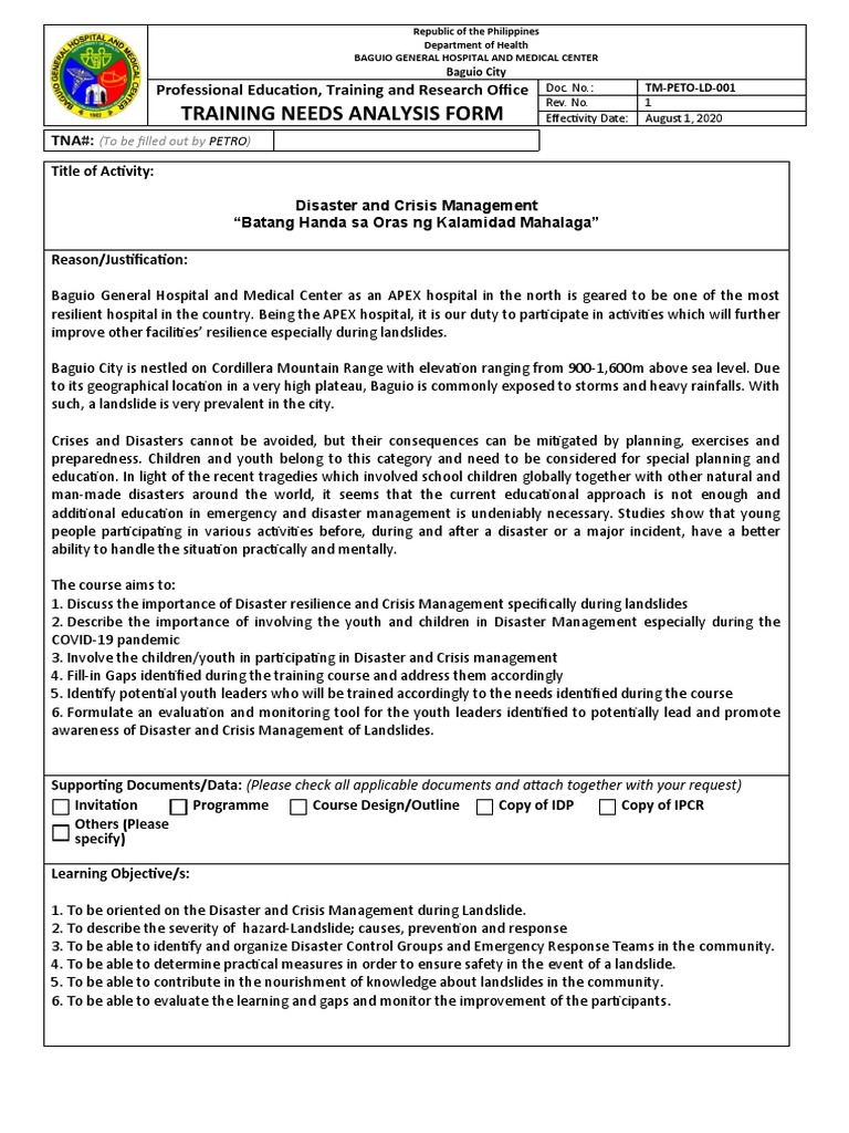 TNA For Risk Reduction Management | PDF | Emergency Management | Crisis ...