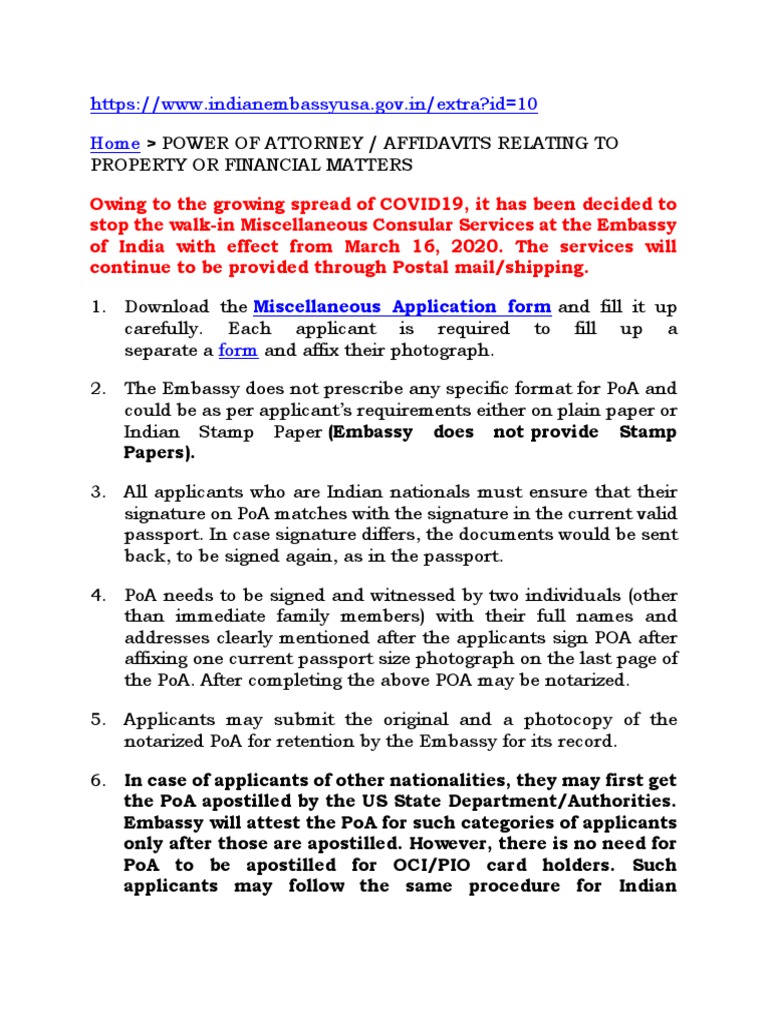 Power of Attorney Process at Indian Embassy | PDF