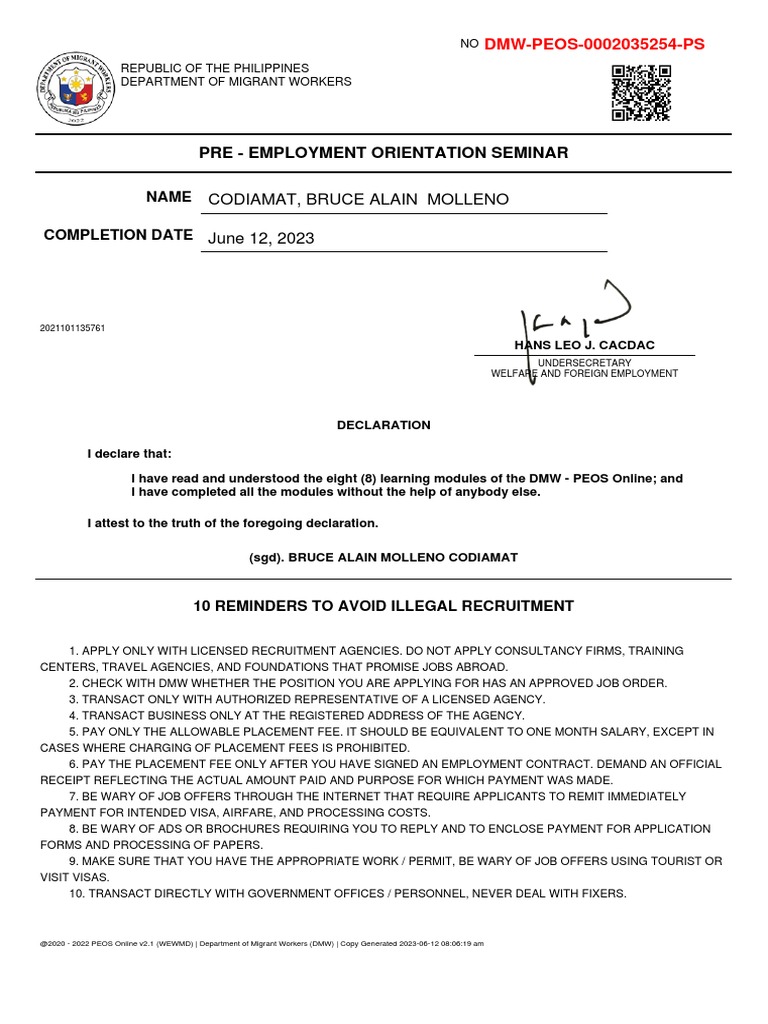 Peos Certificate | PDF | Fee | Travel Visa