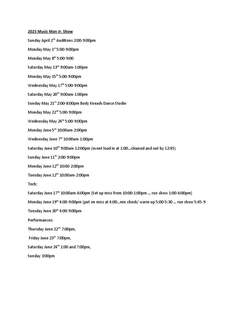 2023 Music Man Jr. Audition Schedule | PDF