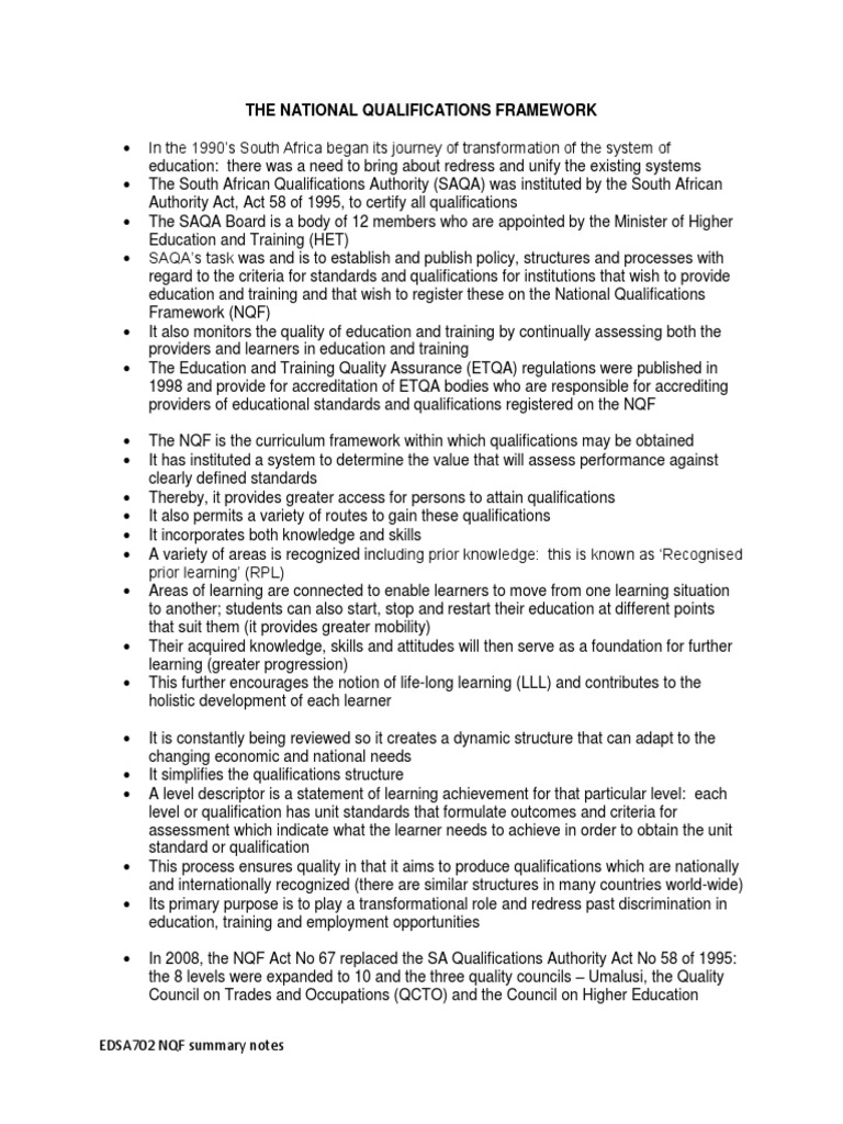 EDSA 700 - Summary Notes On The NQF | PDF | Academic Degree | Diploma