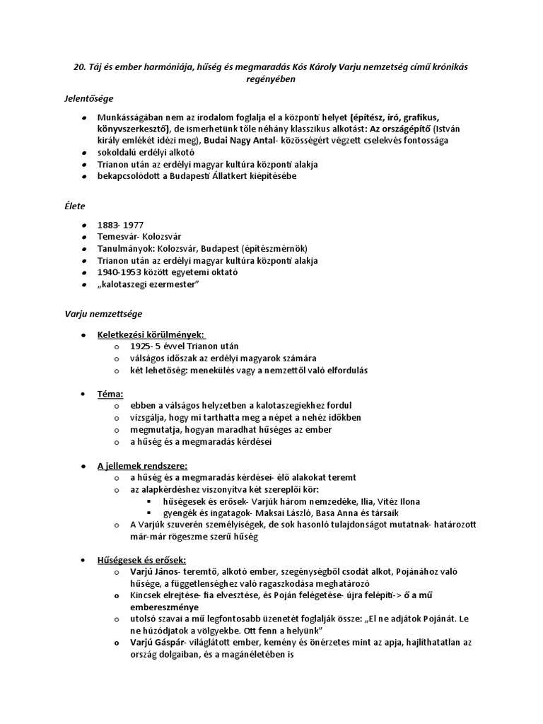 Irodalom Tétel (Kós Károly) | PDF