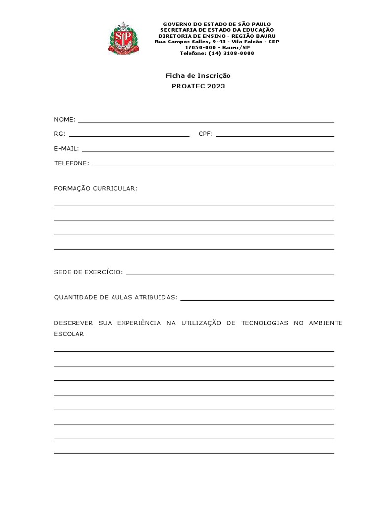 2023 Proatec Edital 02 - Ficha de Inscrição | PDF 2023 Proatec Edital 02 - Ficha de Inscrição | PDF