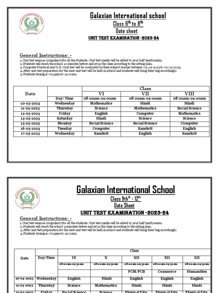 Date Sheet - 2023-24 6th - 12th | PDF | Science