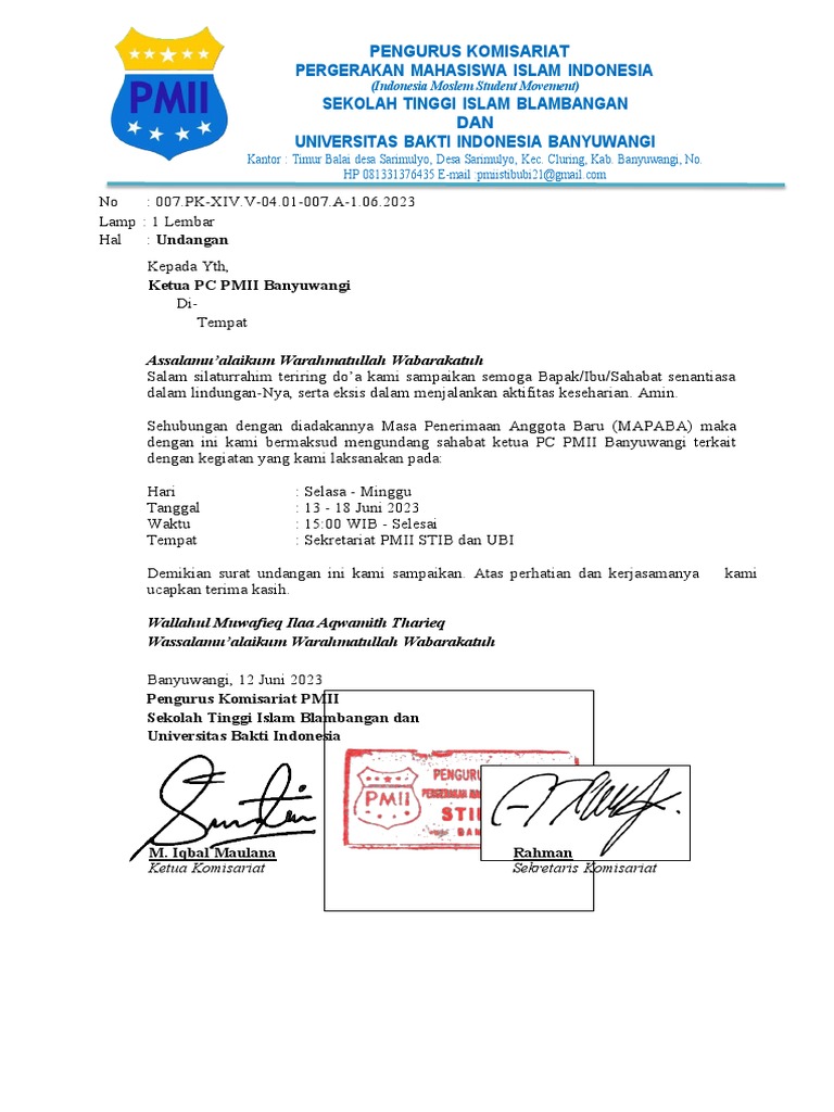 Undangan MAPABA PMII Banyuwangi 2023 | PDF