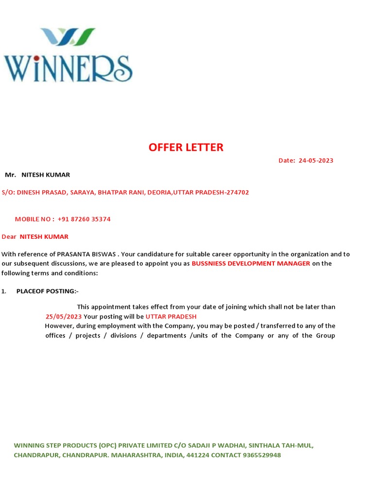 Nitesh BDM Offer Letter-1 | PDF | Salary | Employment