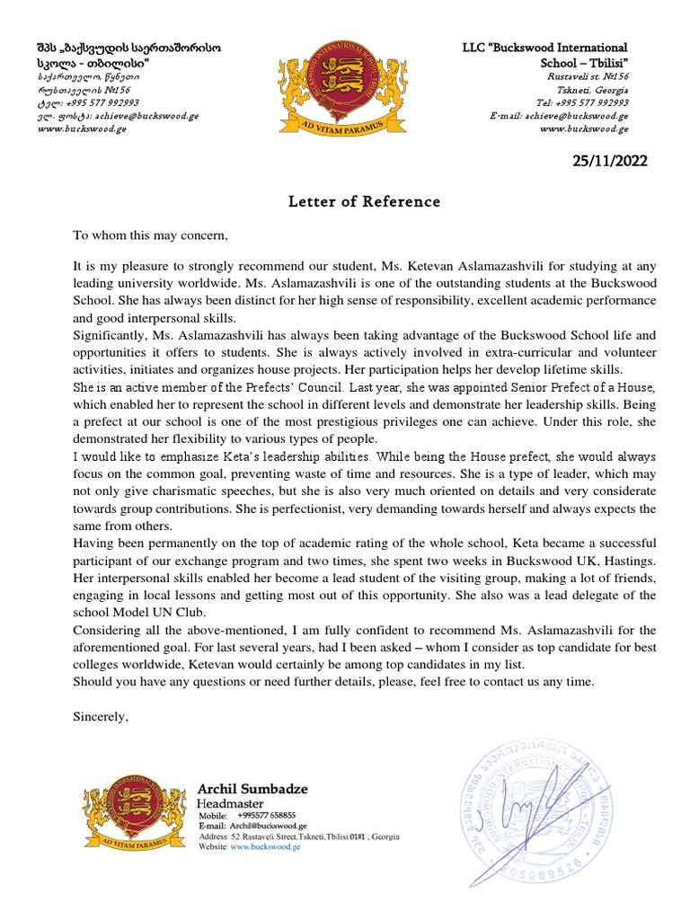 Headmaster Recommendation Letter | PDF | Leadership | Behavior Modification