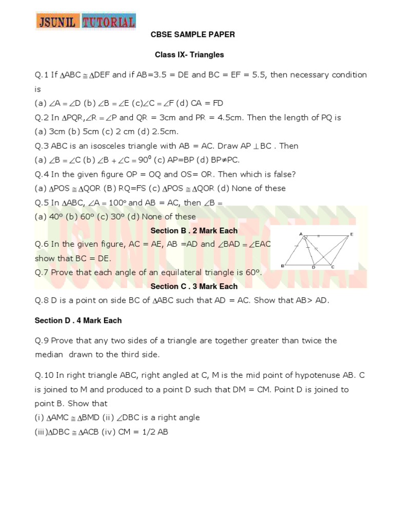 Class 9 CBSE Triangles Sample Paper | PDF