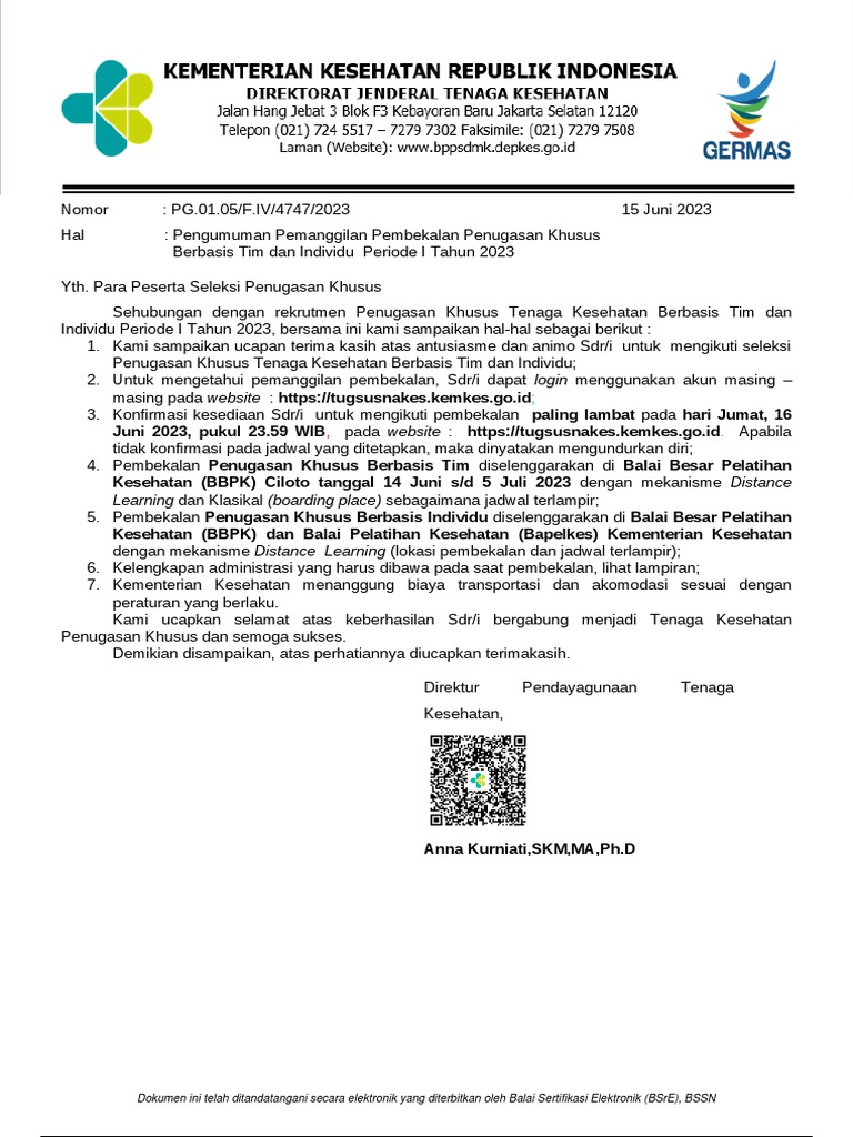 Pengumuman Pemanggilan Pembekalan Penugasan Khusus Tim dan Individu ...